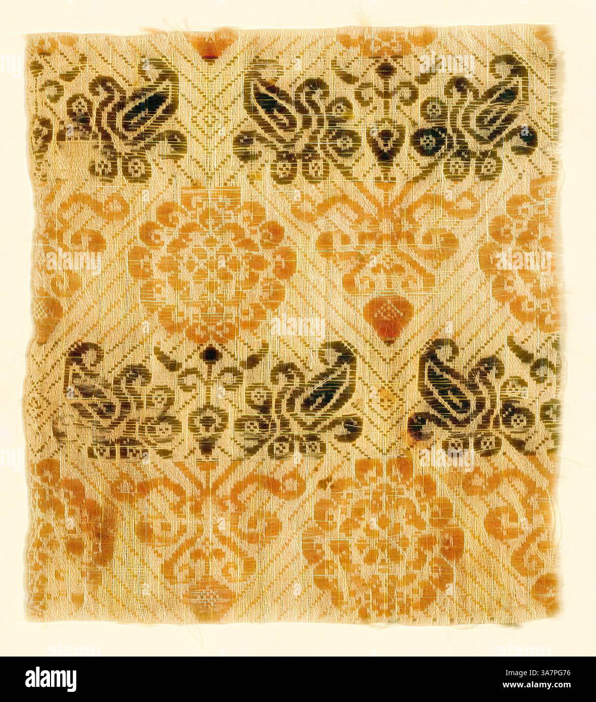 A detailed textile featuring intricate floral and geometric patterns in ...