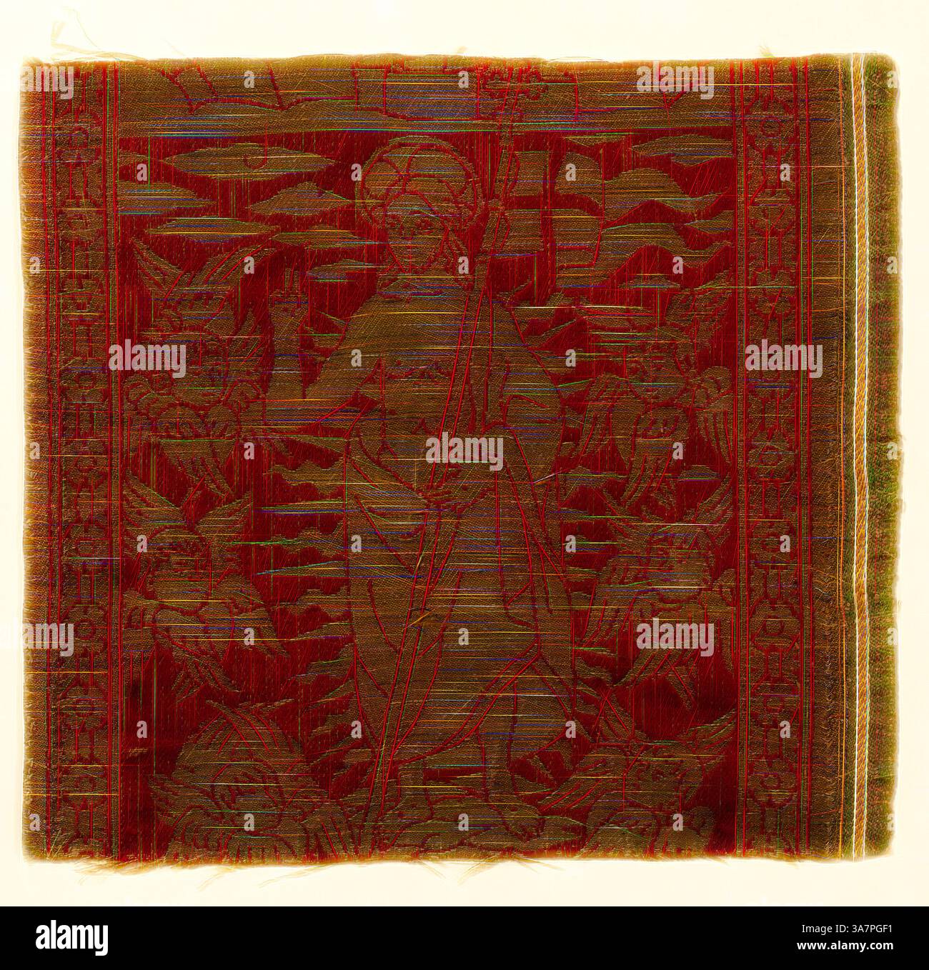 A richly woven textile featuring intricate patterns, depicting a ...