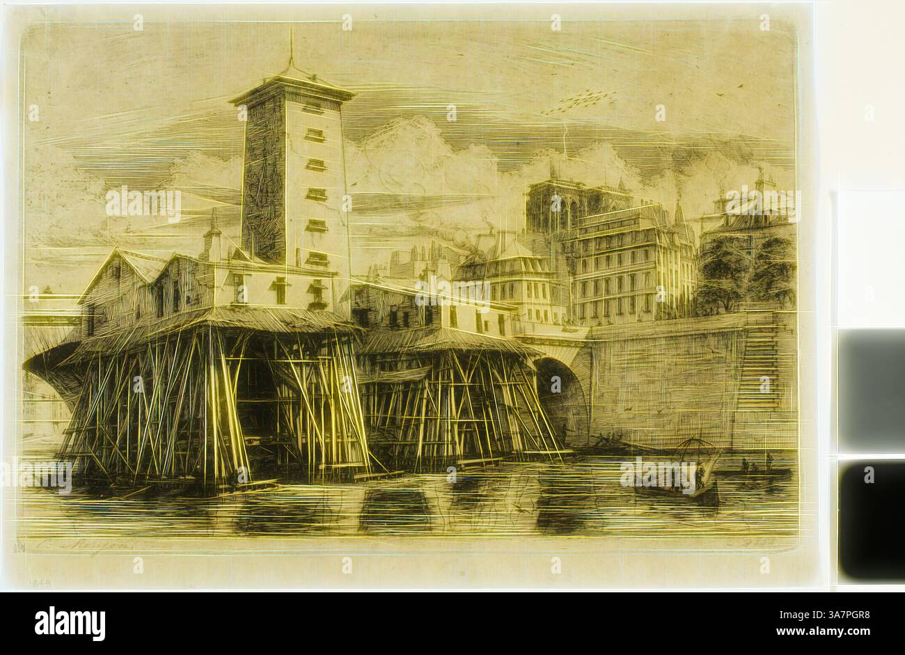 A detailed depiction of a riverside structure supported by stilts ...