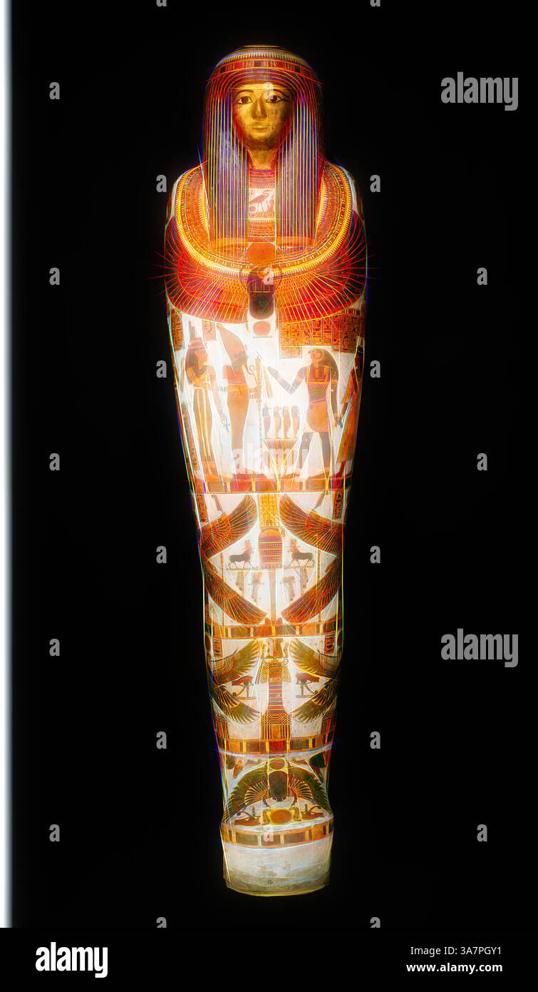 An intricately decorated ancient Egyptian sarcophagus featuring vibrant ...