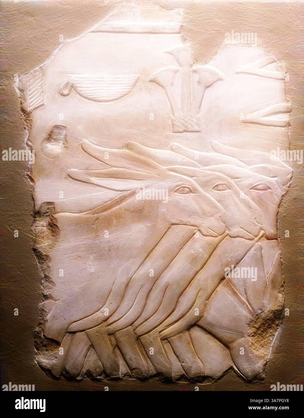 An ancient relief depicting a group of elongated, stylized creatures ...