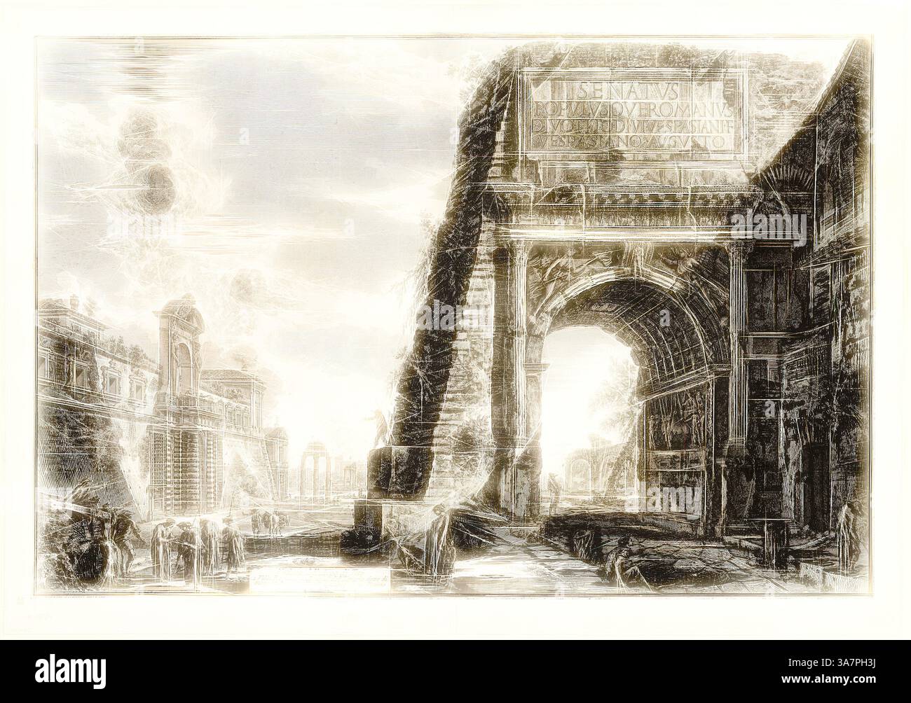 An intricate depiction of a grand ancient archway, surrounded by ...