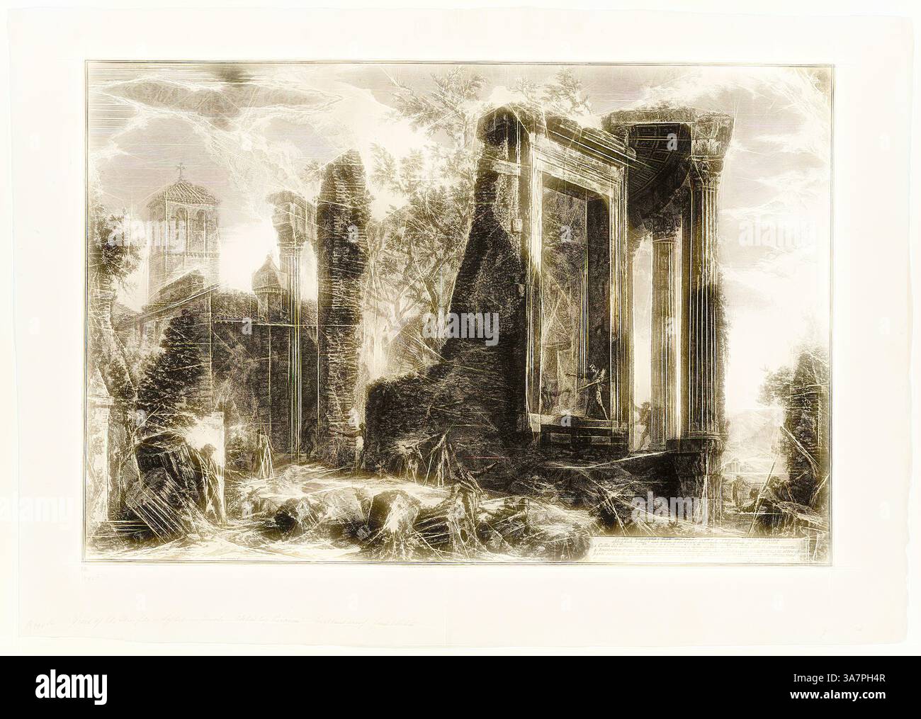 A serene depiction of ancient ruins, showcasing crumbling pillars and ...