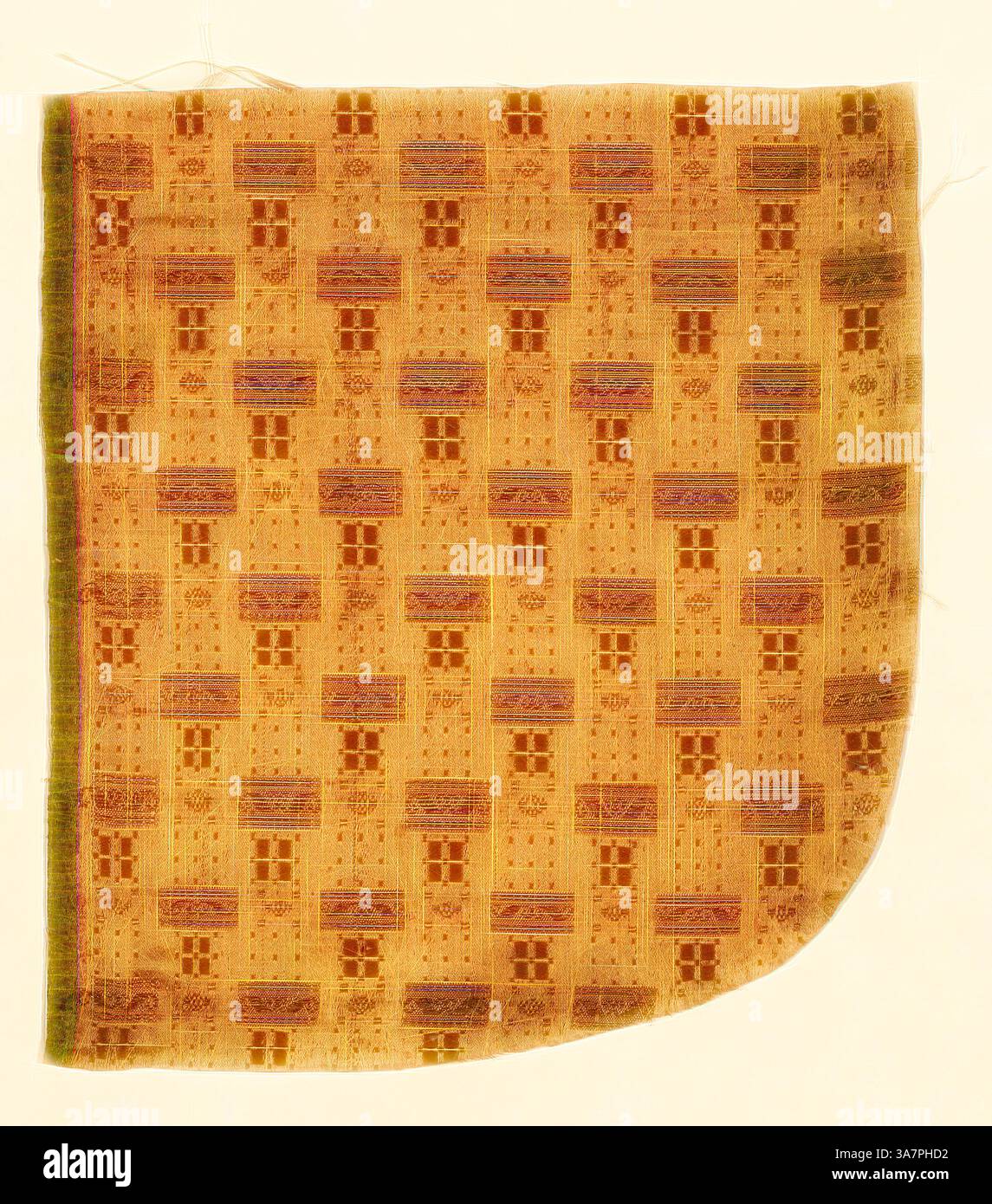 A richly textured fabric featuring an intricate pattern of geometric ...