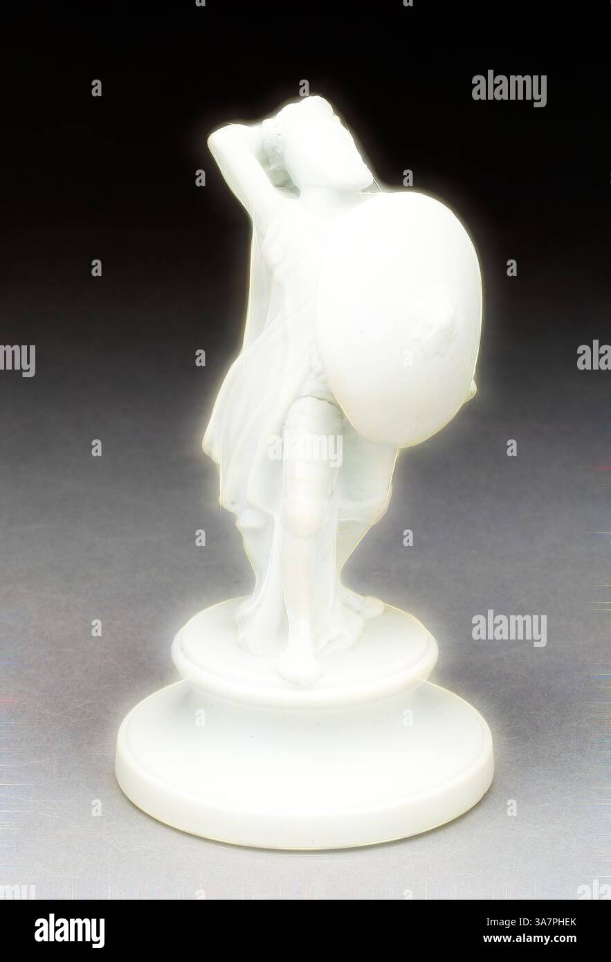 A graceful figure of a warrior stands poised, holding a shield in one ...