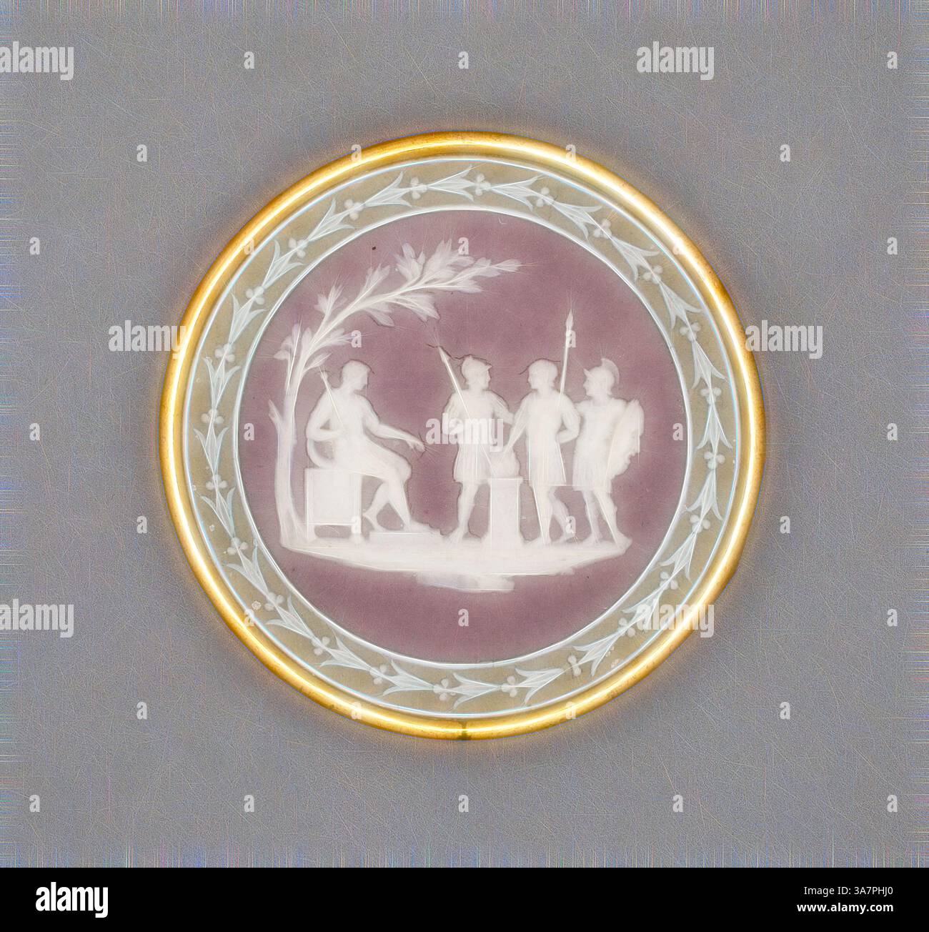 A circular decorative plate features a classical scene depicting ...