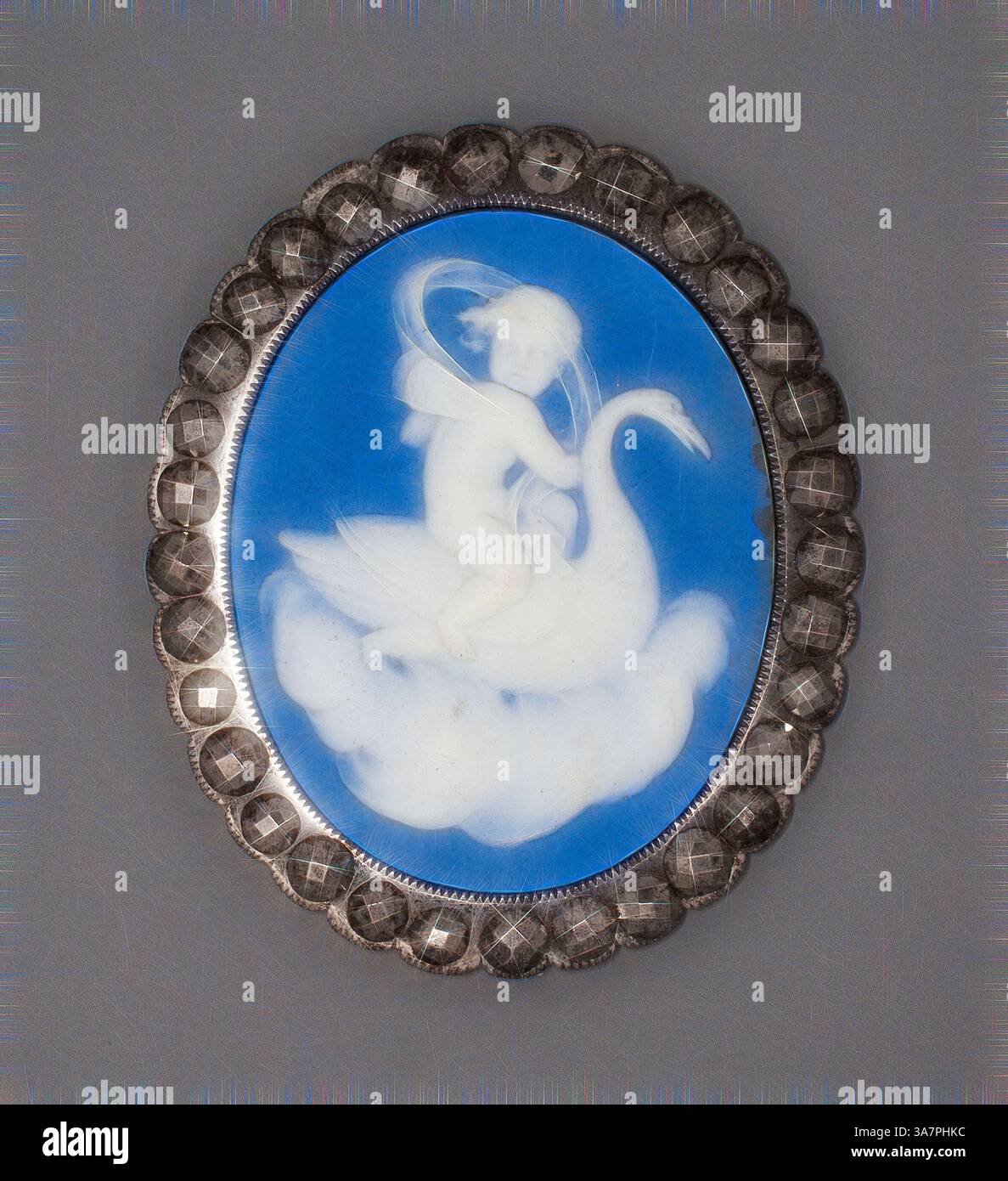 A delicate, oval artwork features a serene figure of a child riding ...