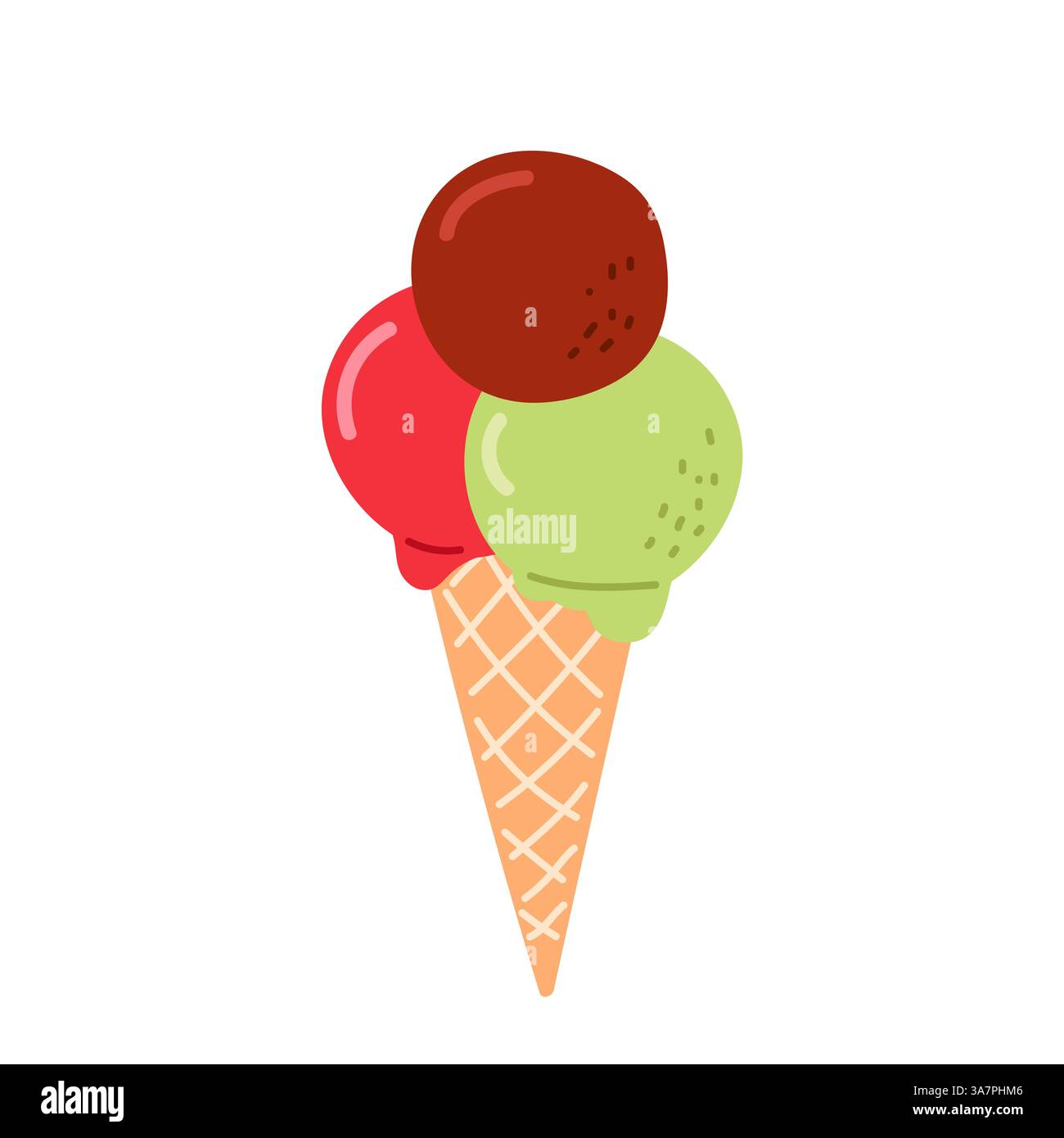 A colorful ice cream cone holds three scoops of different flavors ...