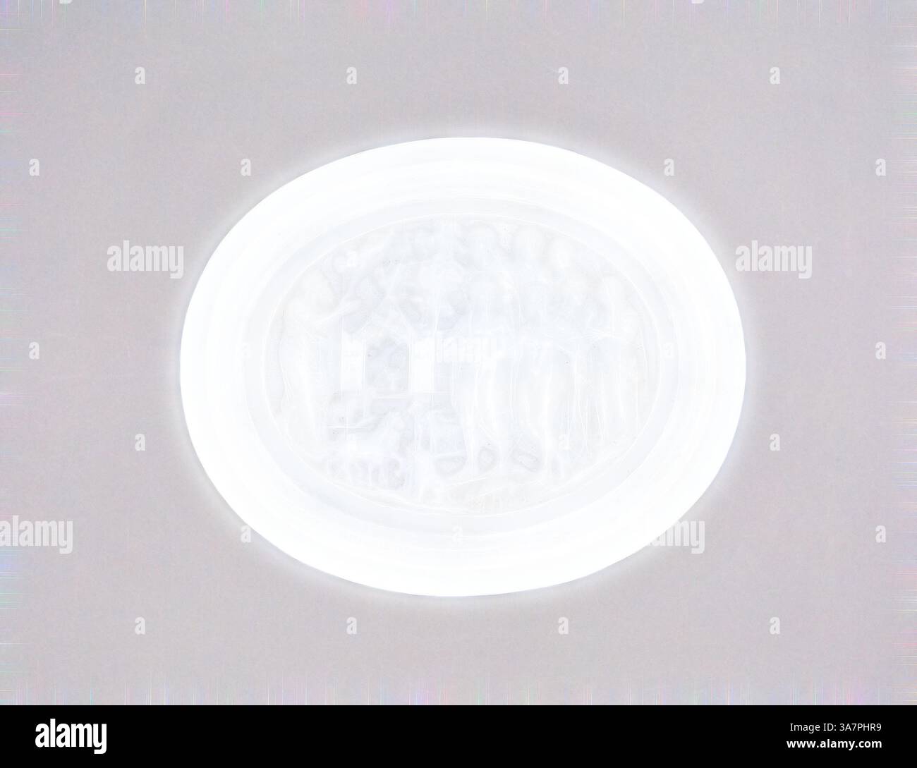 A subtle, circular relief sculpture depicts a serene scene featuring ...