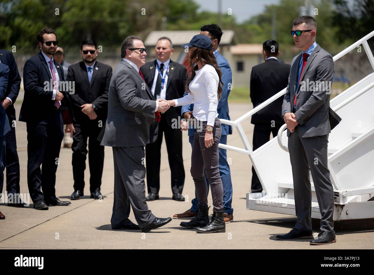 Department of Homeland Security (DHS) Secretary Kristi Noem is greeted ...