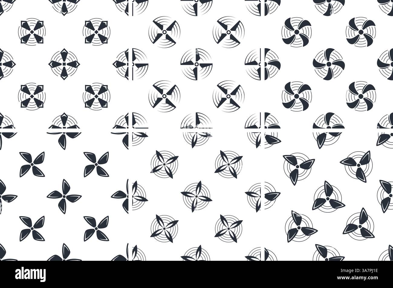 Seamless pattern with rotating propellers and wind turbines generating ...