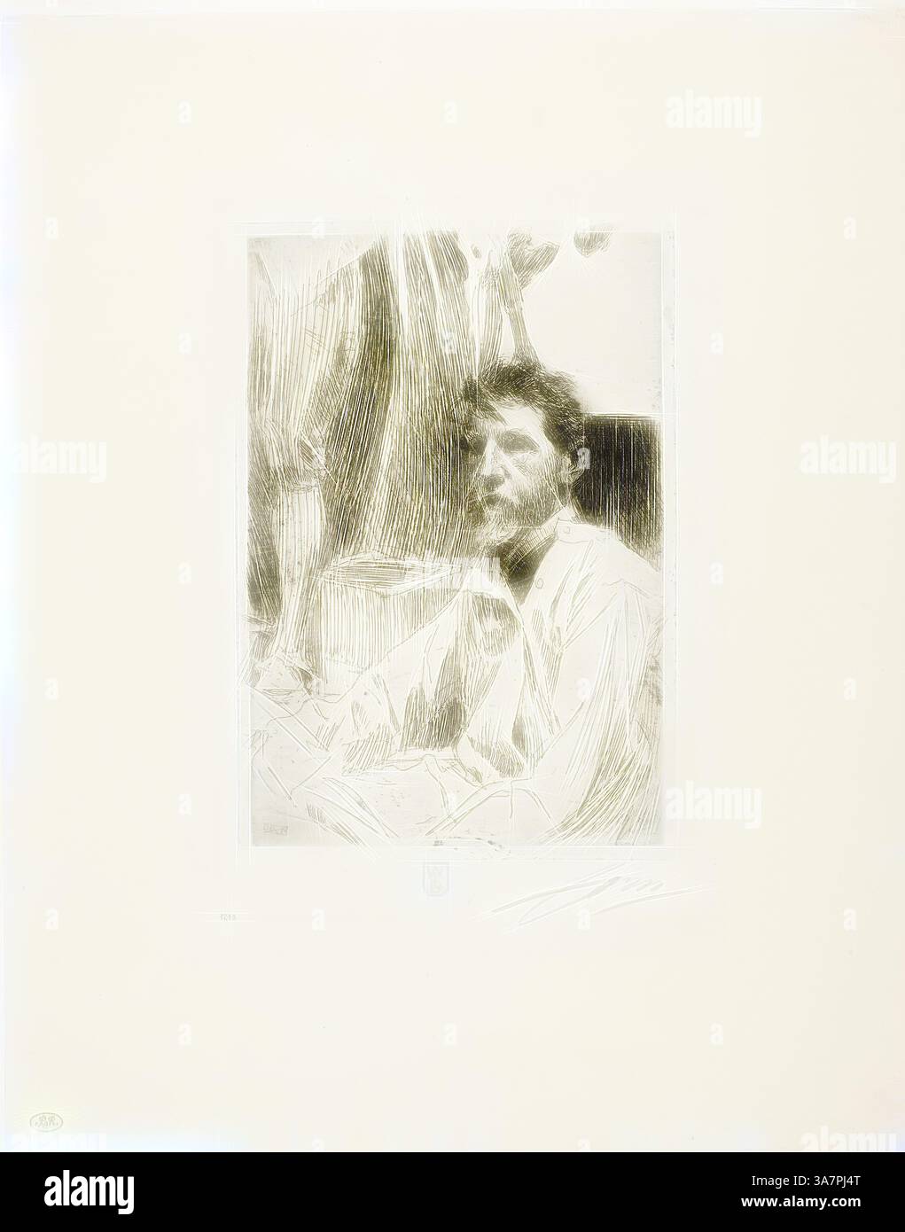 A thoughtful man sits in a relaxed pose, surrounded by faint, abstract ...