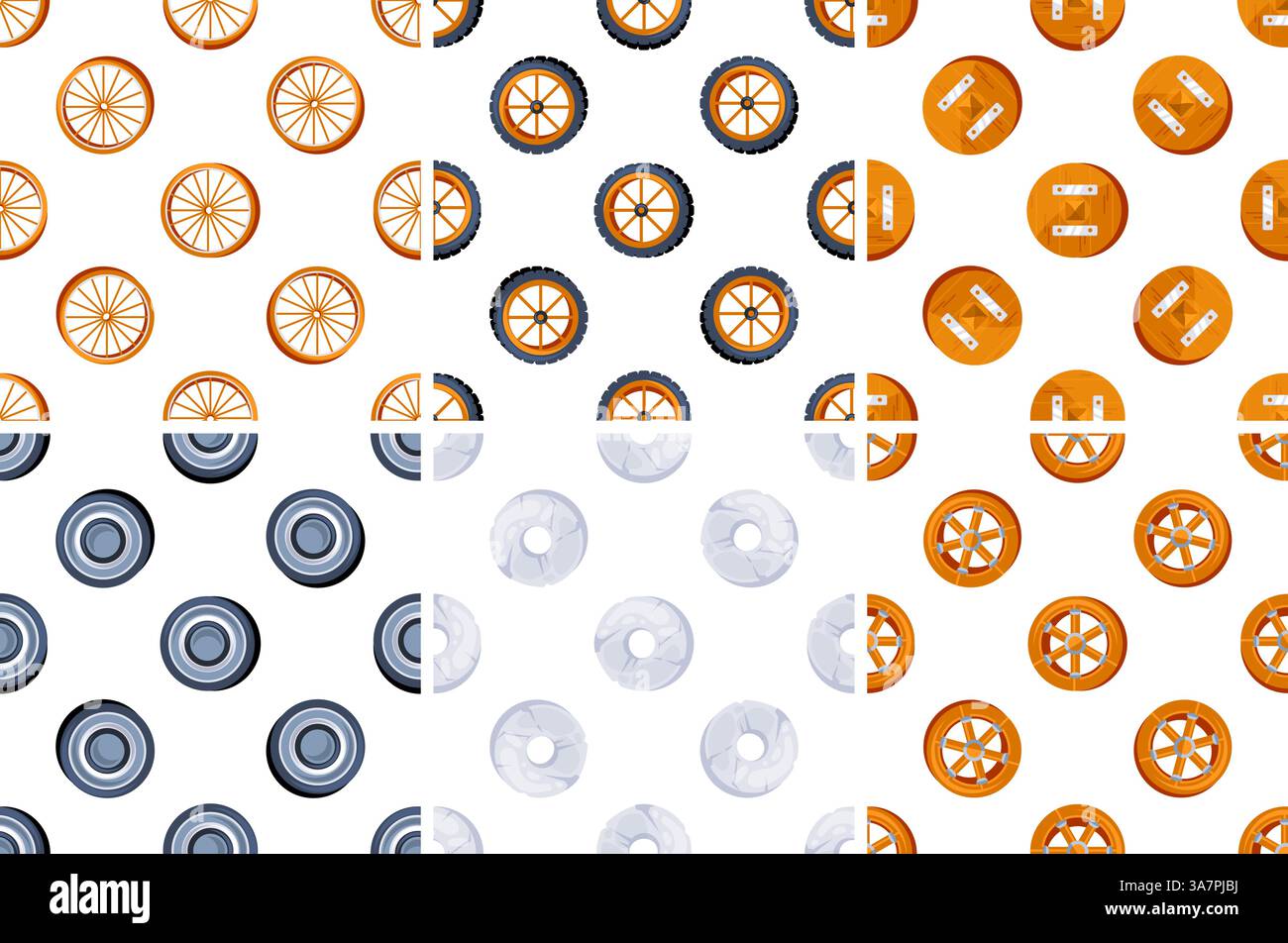 Seamless patterns with wheels, tires and shields showing different materials and colors Stock ...
