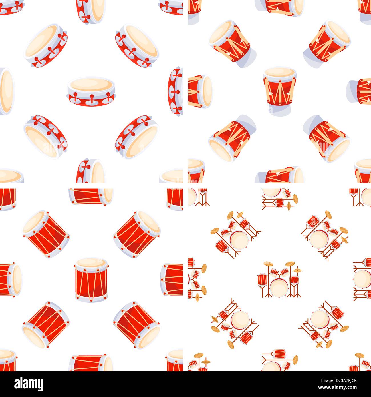 Set of seamless patterns with red drums, tom toms and drum kits ...