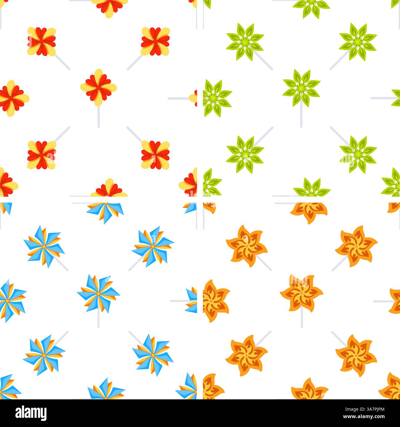 Colorful pinwheels and flowers seamless pattern collection on white ...