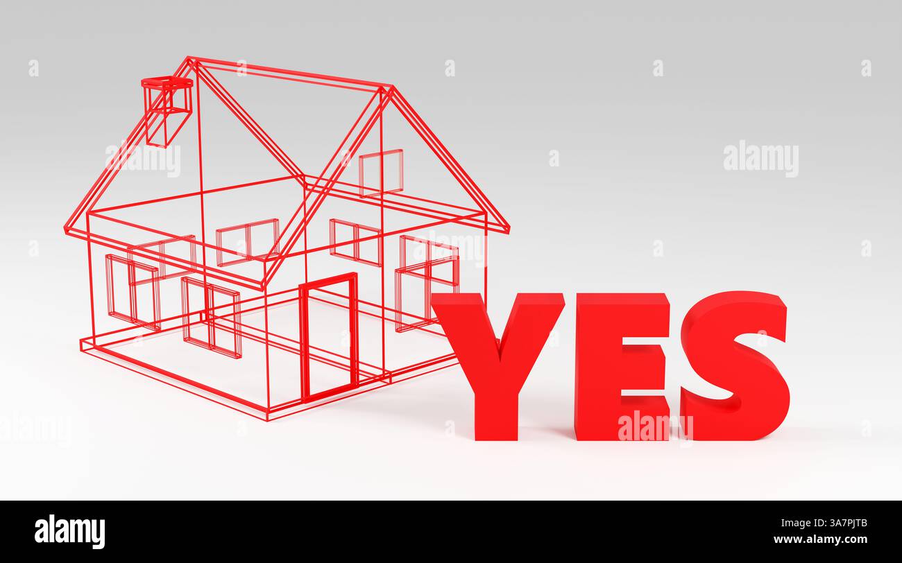 Luxury red inscription yes on grey podium, soft light, front view ...