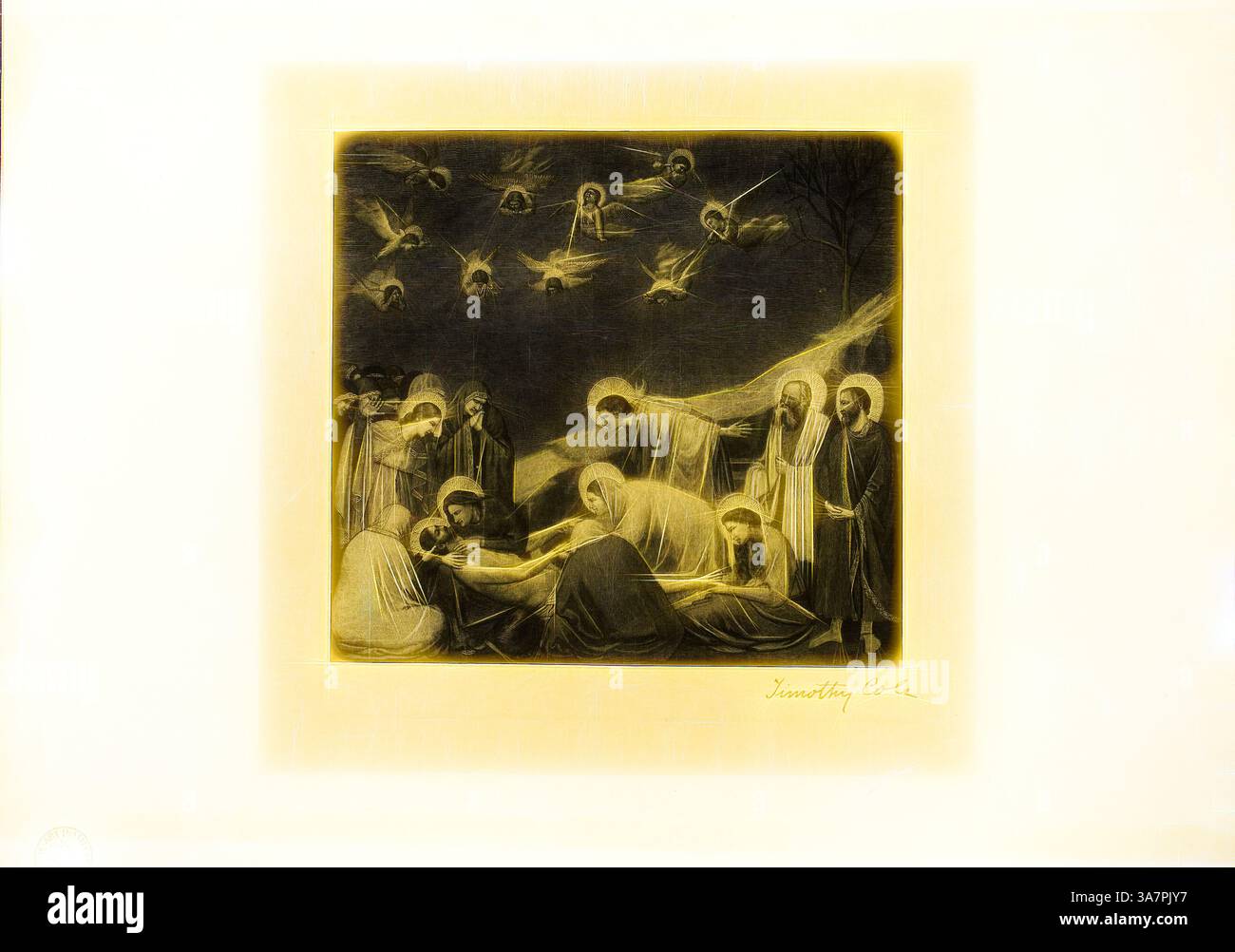 A serene scene depicting a group of figures gathered around a central ...