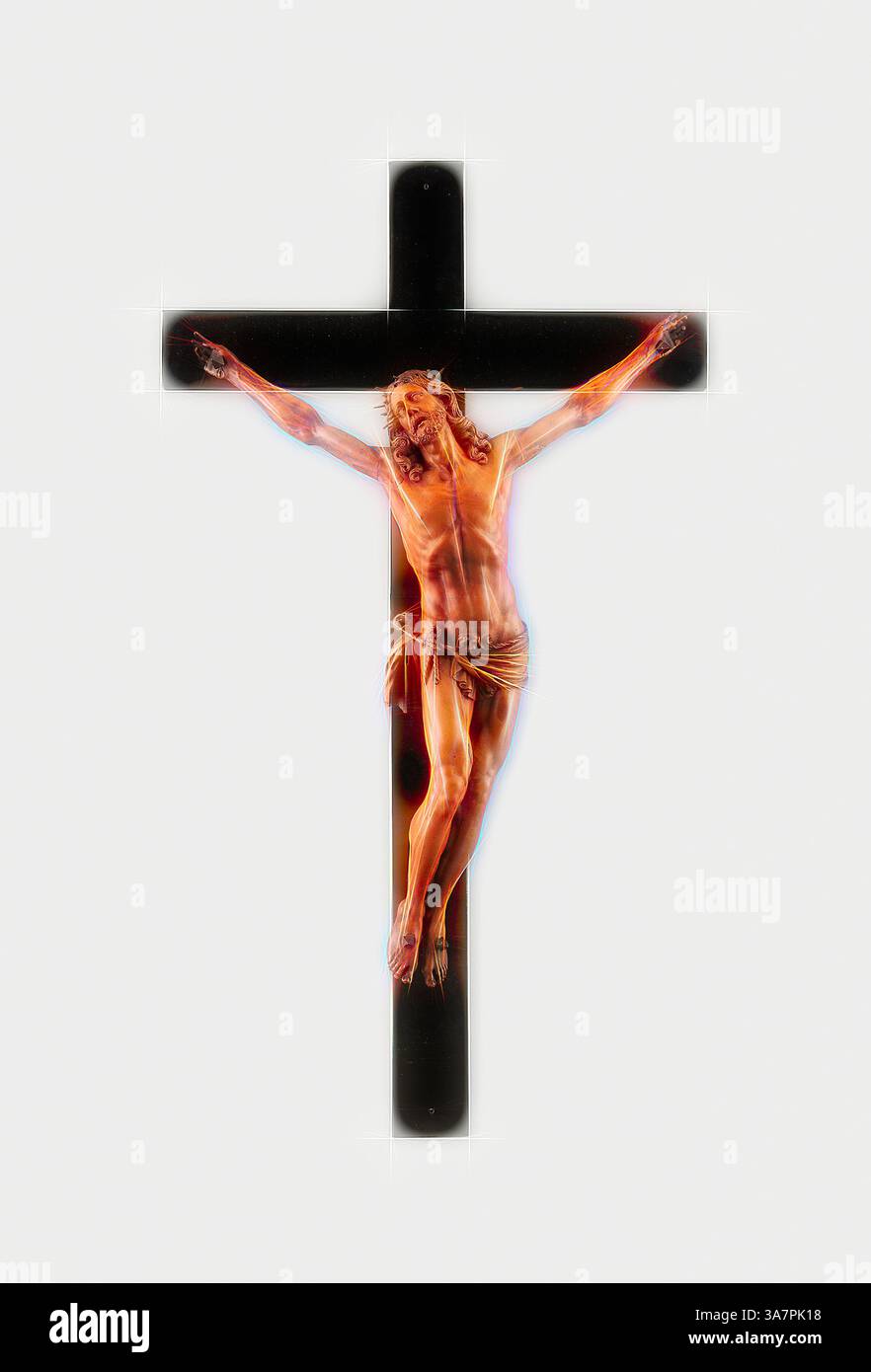 A figure representing Christ is depicted on a cross, showcasing a blend ...
