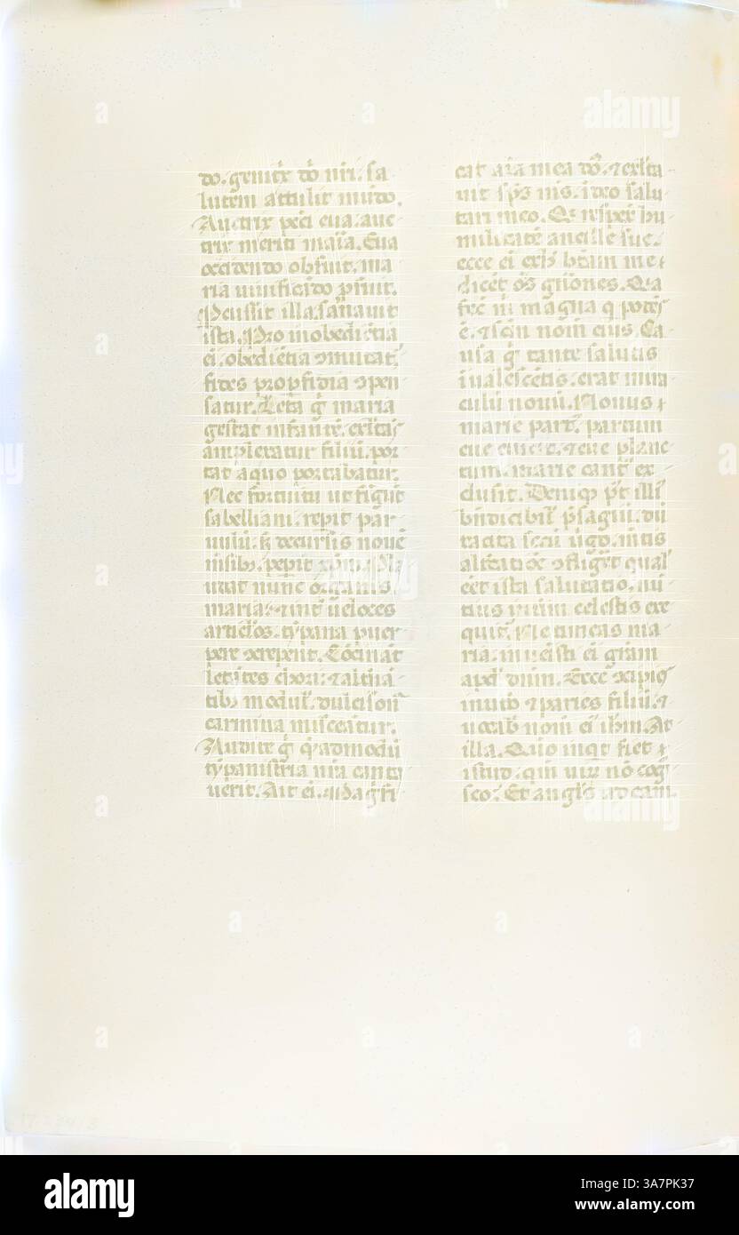 An ancient manuscript featuring faded text arranged in two columns ...