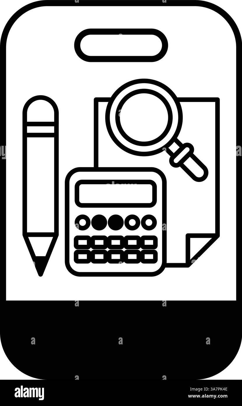 A black and white image of a calculator, pencil, and a magnifying glass ...