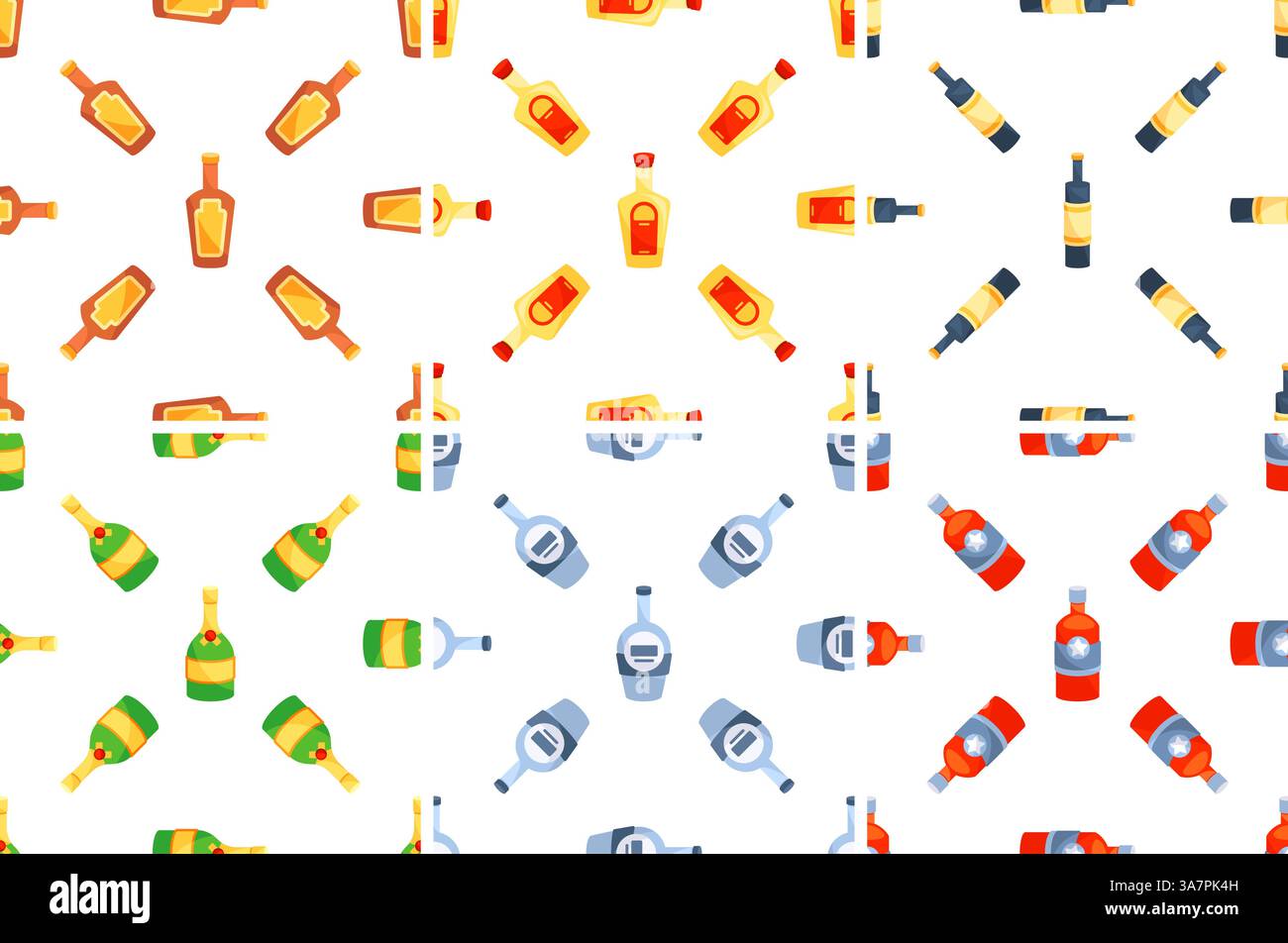 Colorful bottles of alcoholic beverages forming a seamless pattern on ...