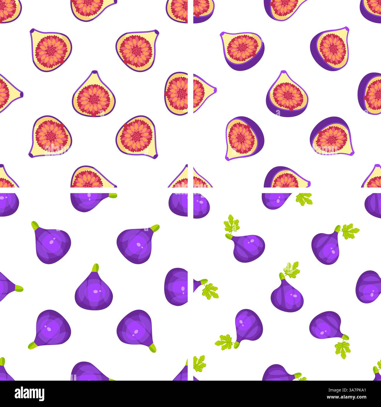 Four seamless patterns featuring whole, halved and quartered figs ...