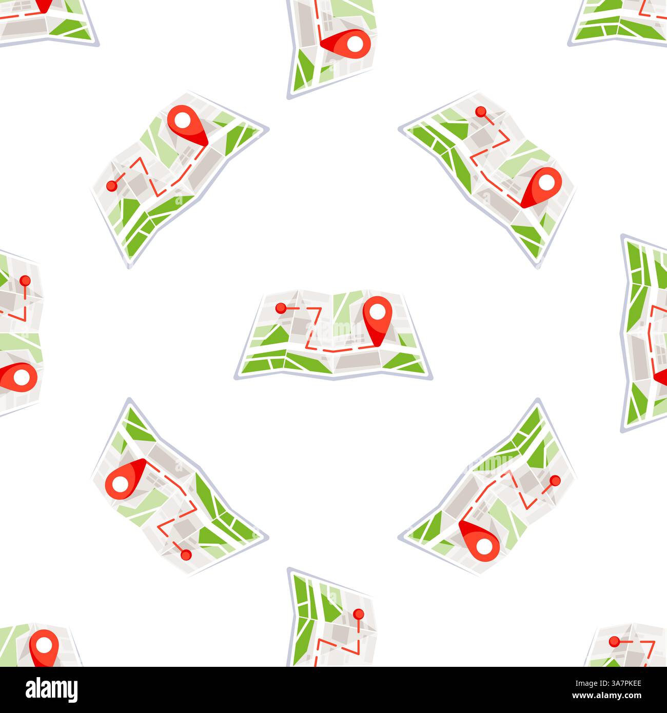 Folded Paper City Map Showing Route and Destination with Location Pin Seamless Pattern Stock ...