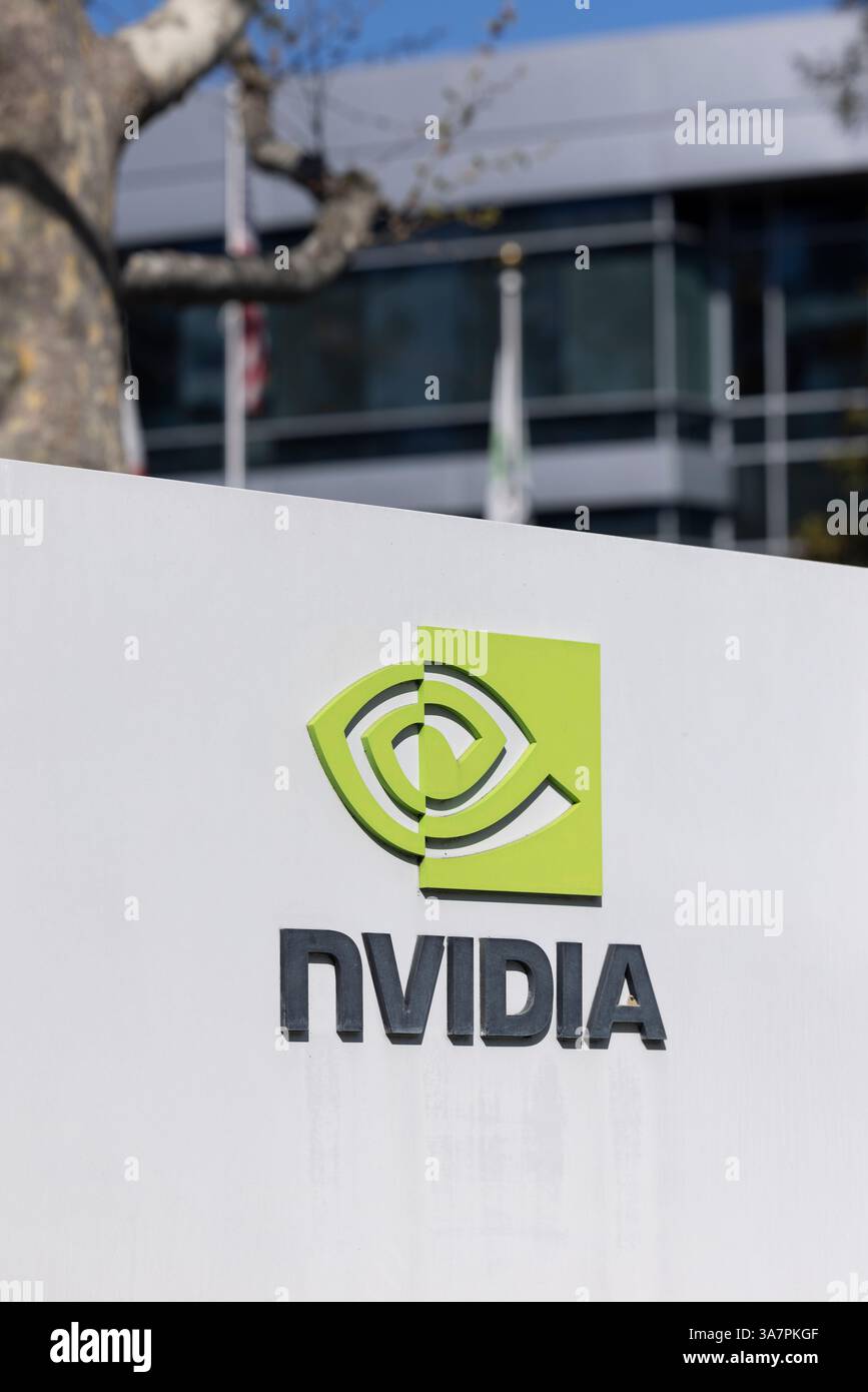 Santa Clara, California, USA - March 24, 2025: An NVIDIA logo decorates ...
