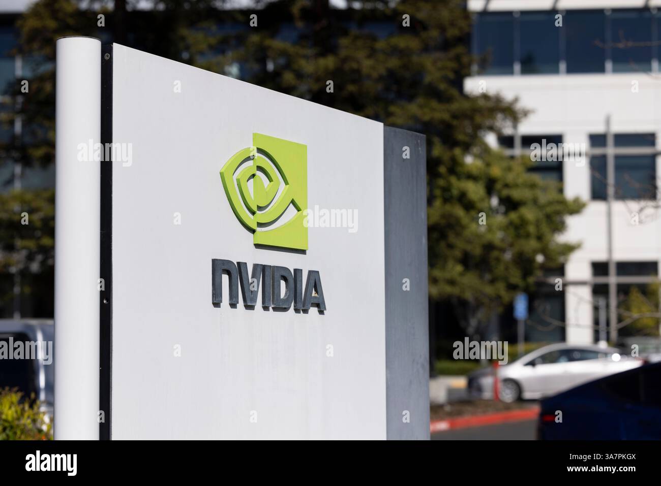 Santa Clara, California, USA - March 24, 2025: An NVIDIA logo decorates ...