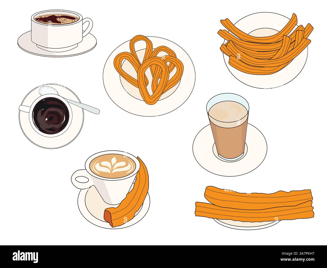 Spanish breakfast set. Cups of coffee, hot chocolate and plates of ...