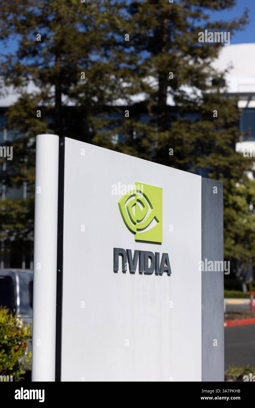 Santa Clara, California, USA - March 24, 2025: An NVIDIA logo decorates ...