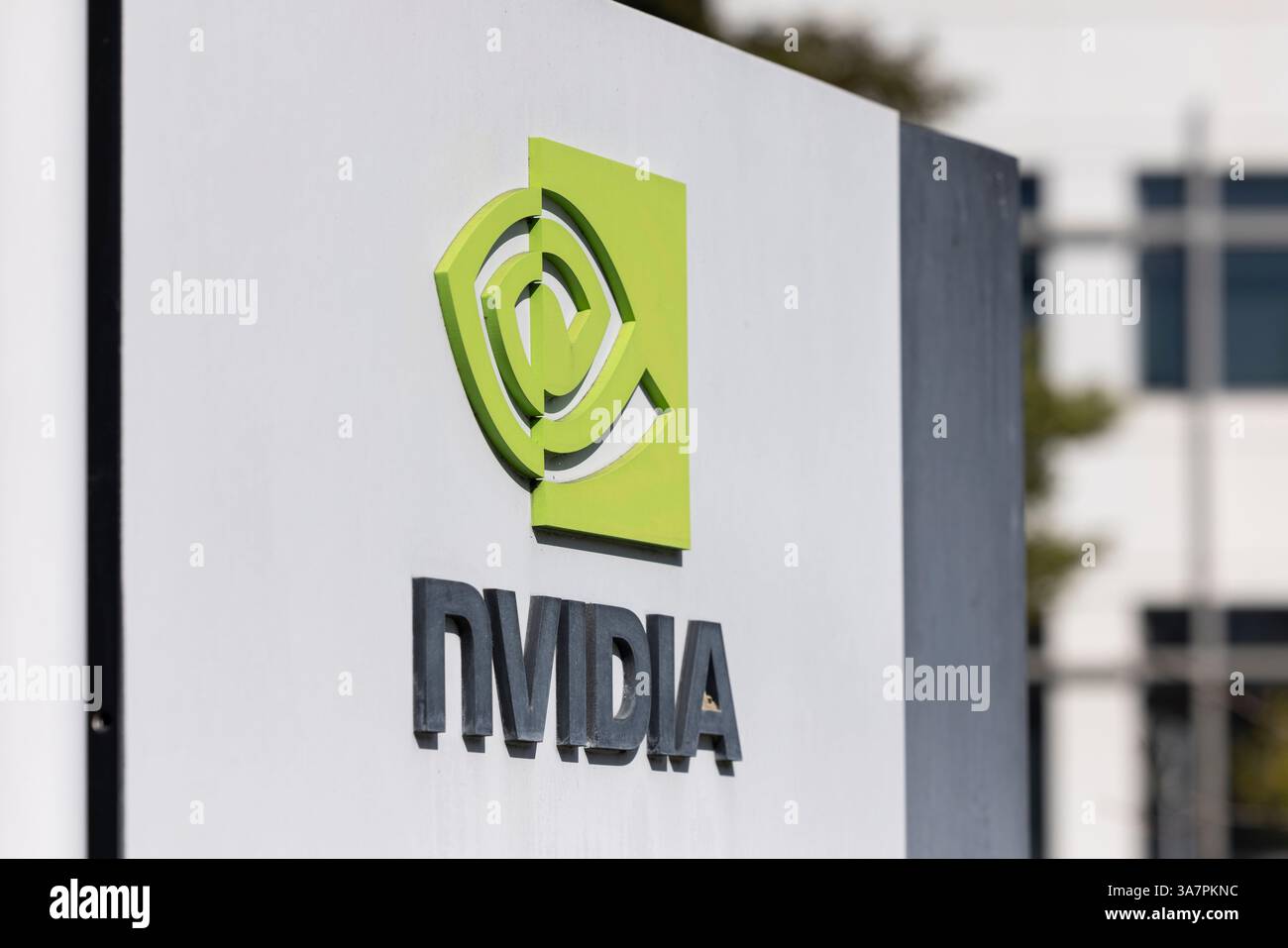 Santa Clara, California, USA - March 24, 2025: An NVIDIA logo decorates ...