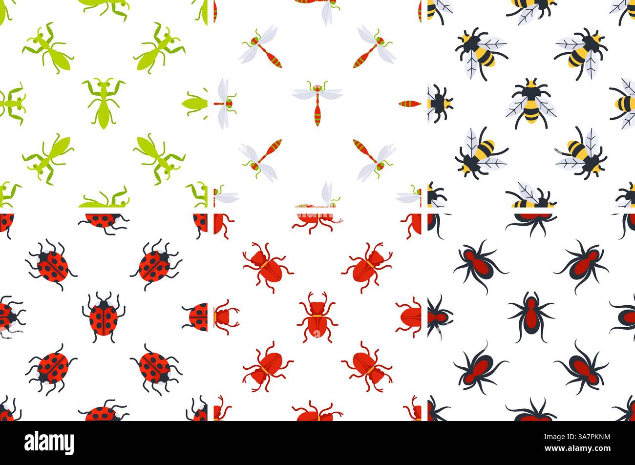 Seamless patterns with insects including praying mantis, dragonfly, bee ...