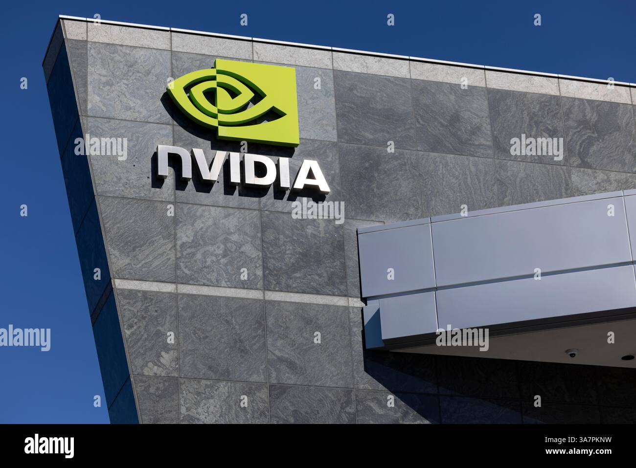 Santa Clara, California, USA - March 24, 2025: An NVIDIA logo decorates ...