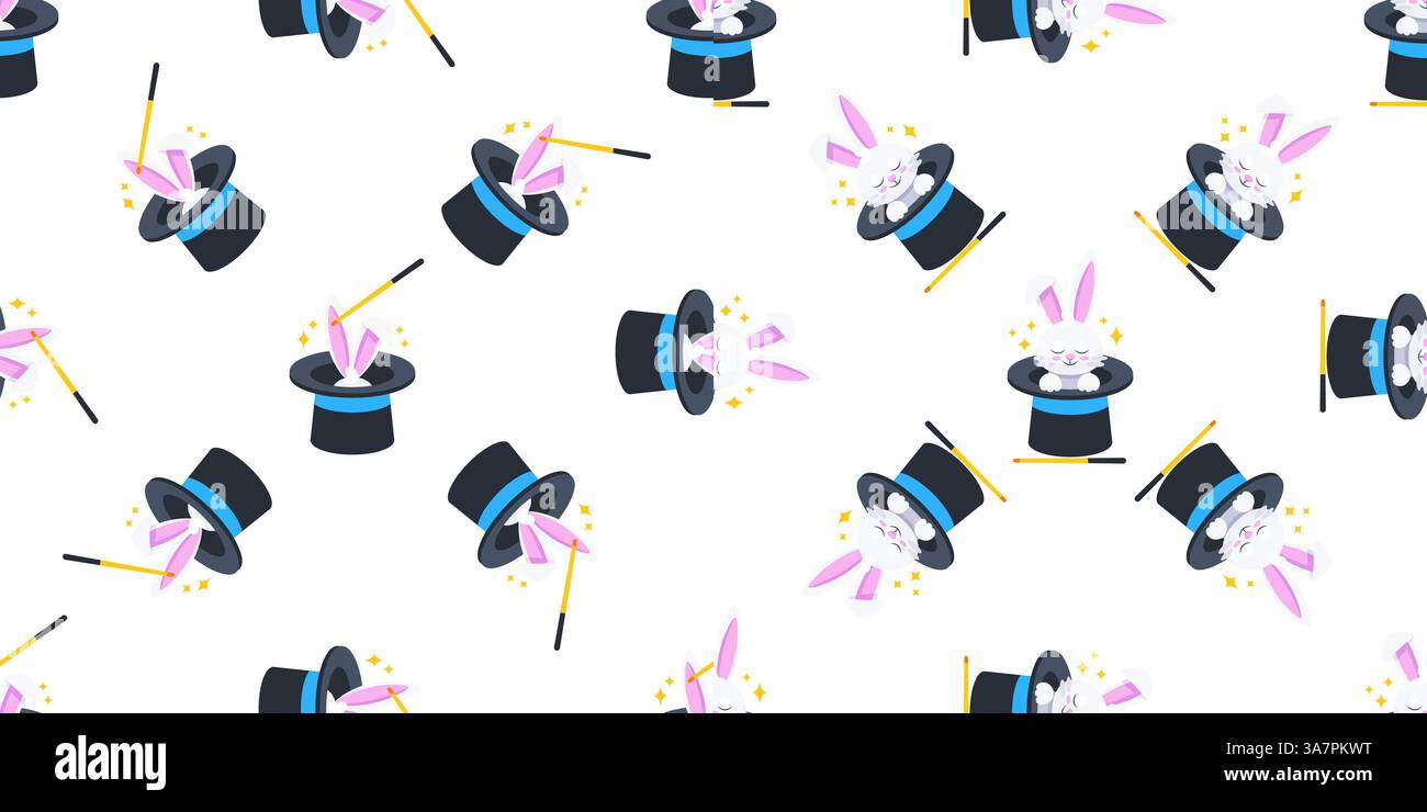 White rabbit appearing from magician top hat seamless pattern Stock ...