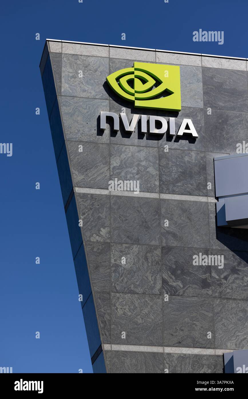 Santa Clara, California, USA - March 24, 2025: An NVIDIA logo decorates ...
