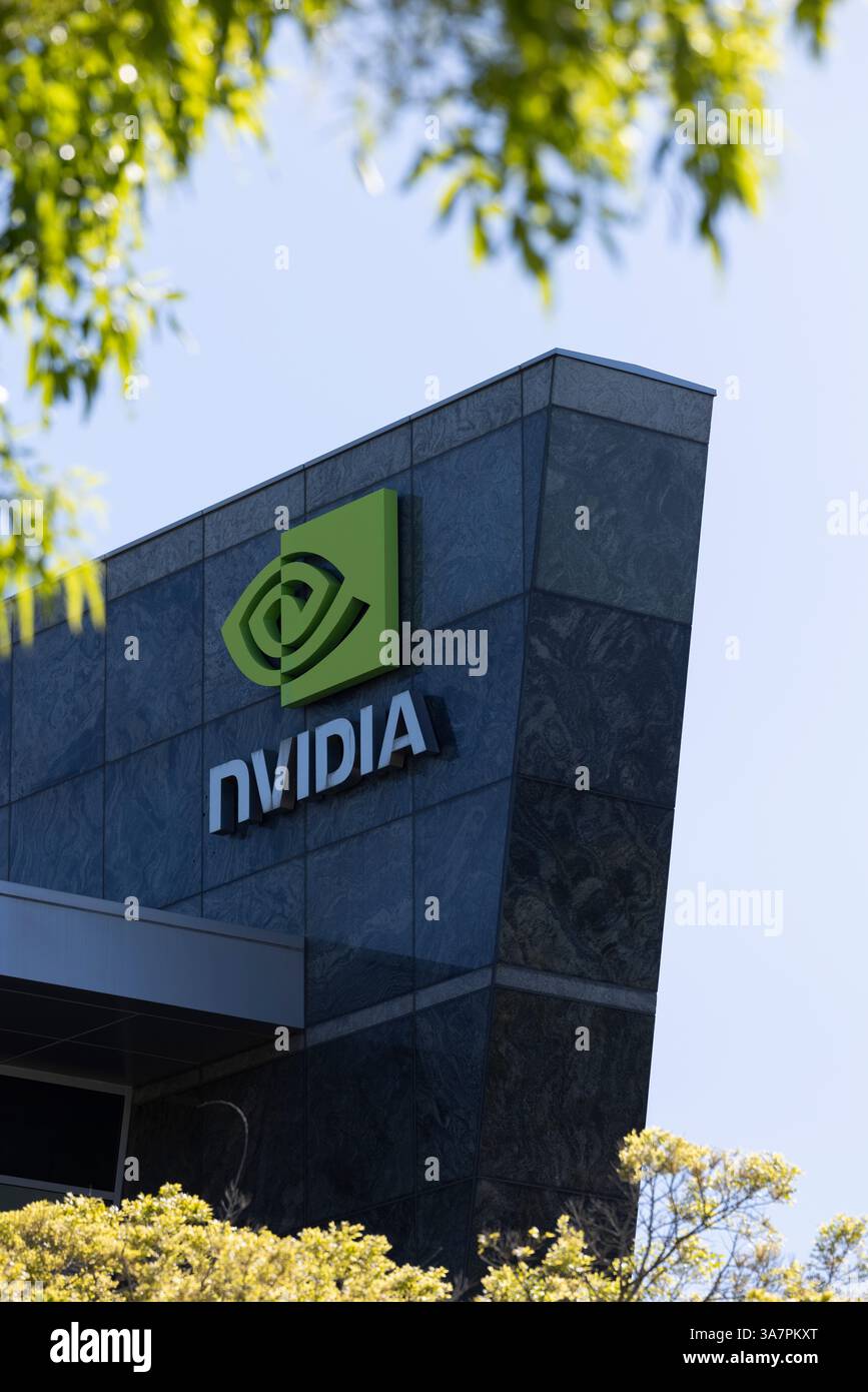 Santa Clara, California, USA - March 24, 2025: An NVIDIA logo decorates ...