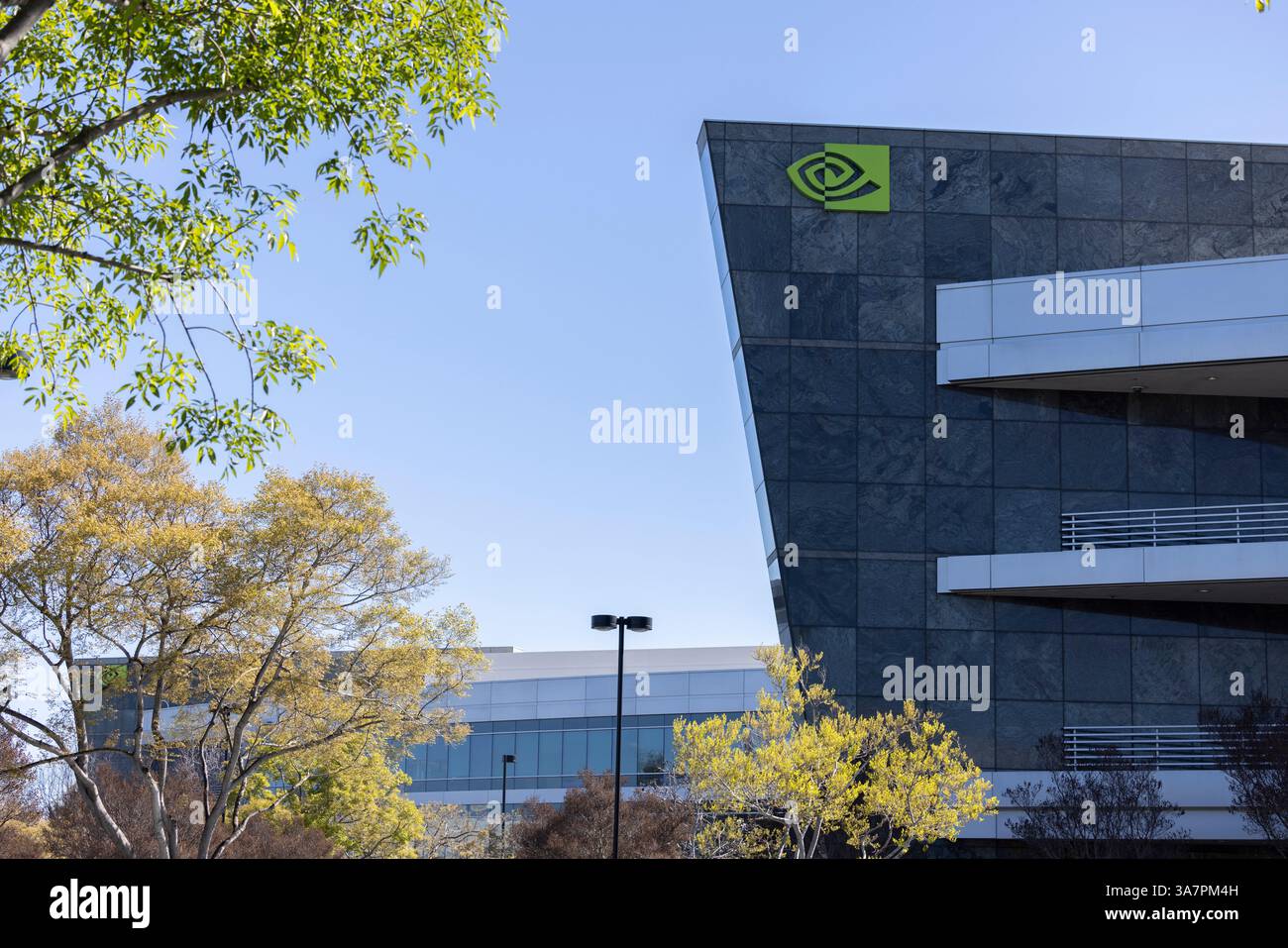 Santa Clara, California, USA - March 24, 2025: An NVIDIA logo decorates ...