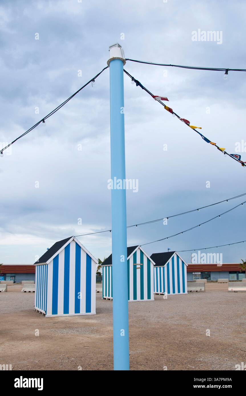 Blue and white striped beach huts, Vilanova i la Geltrú, Garraf Coast ...