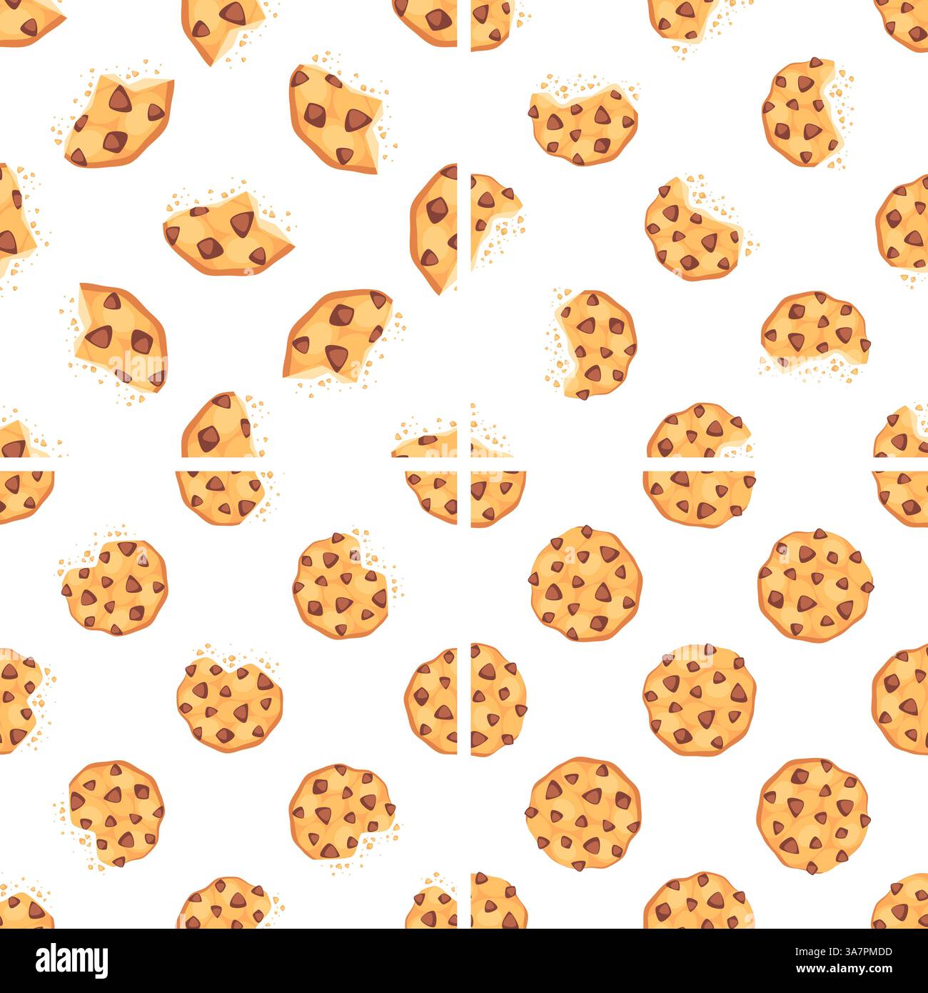Seamless pattern with chocolate chip cookies, whole, bitten and broken cookies on white ...