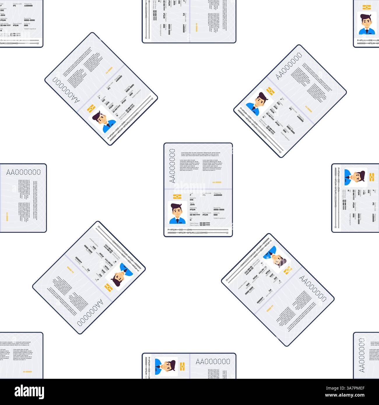 Seamless pattern with biometric passport open on personal data page ...