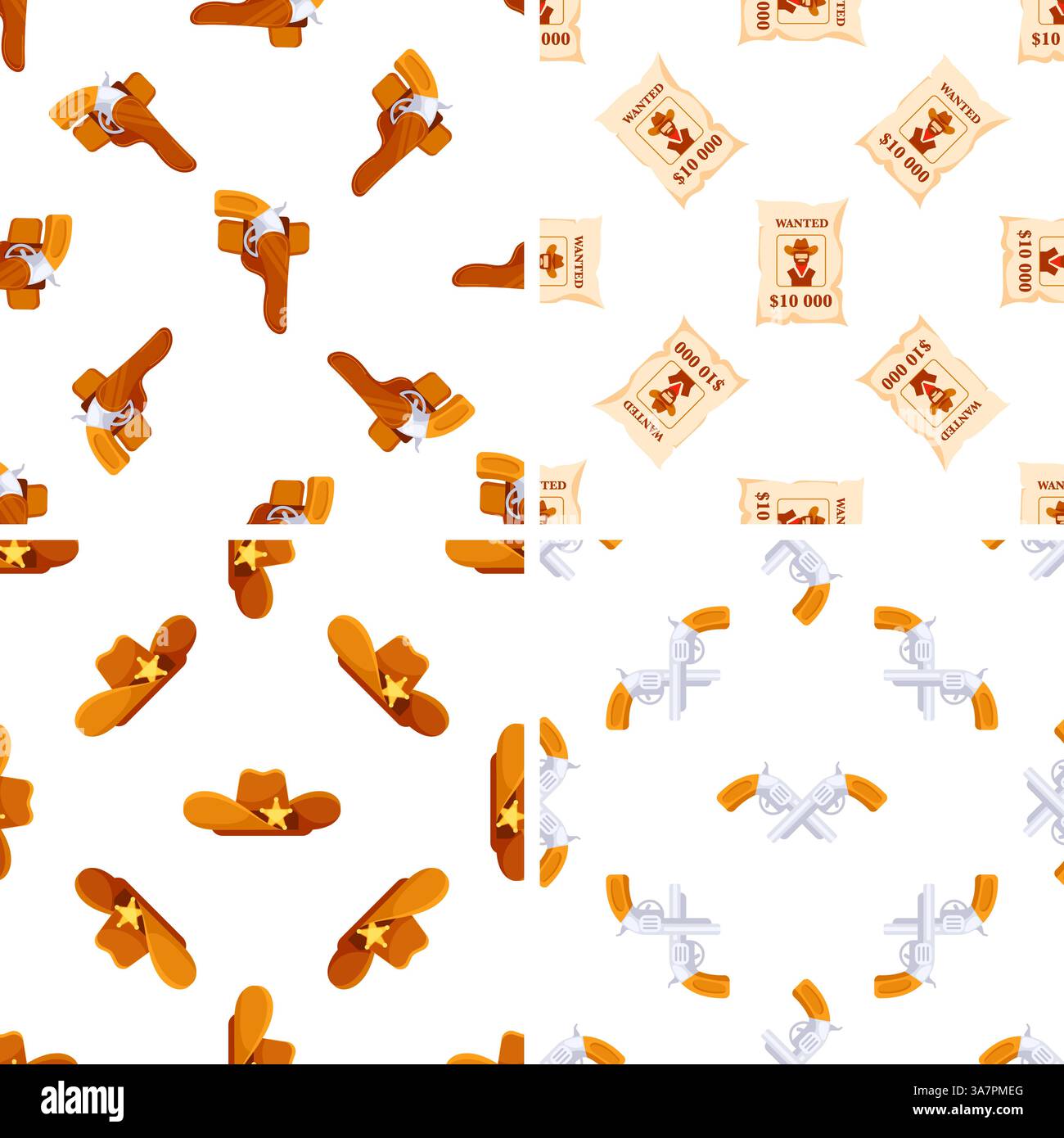 Seamless patterns with cowboy accessories such as guns, hats and wanted ...