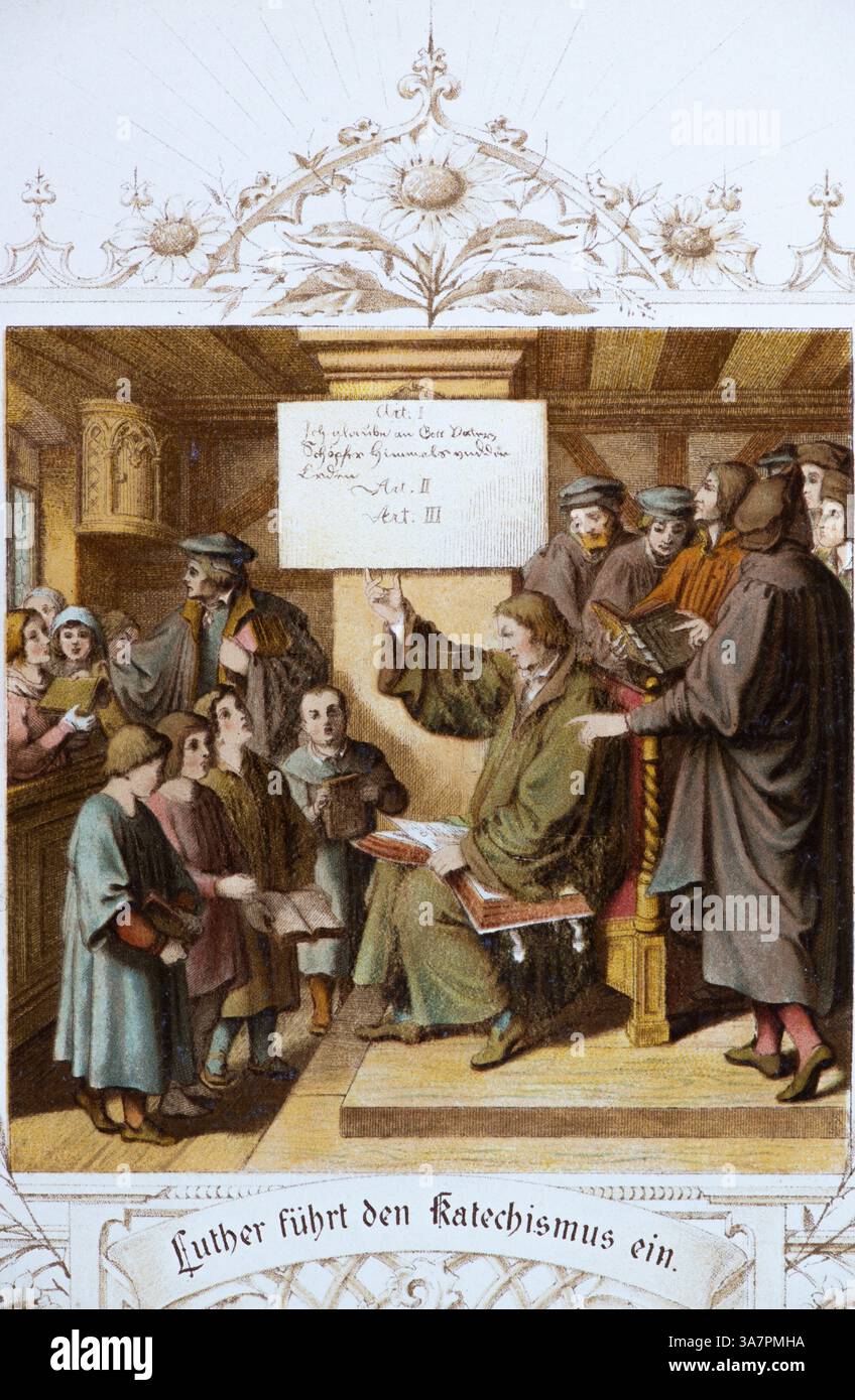 Luther introduces the catechism, interior of the church, Luther sits in ...