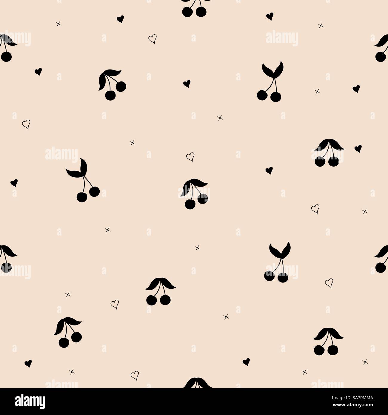 Seamless romantic pattern with repeated stylish cherries and hearts ...