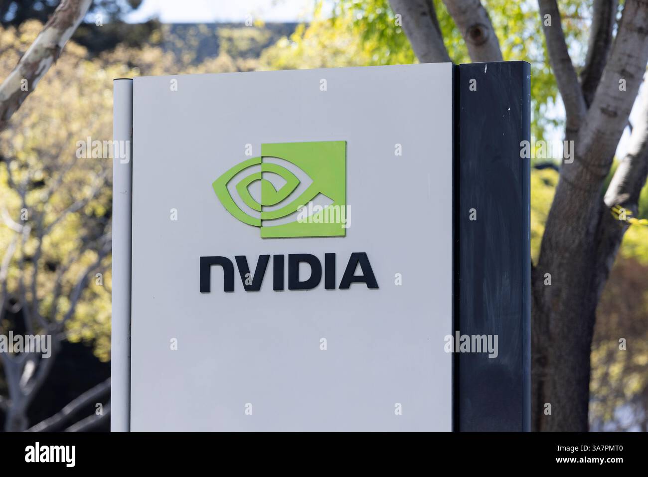 Santa Clara, California, USA - March 24, 2025: An NVIDIA logo decorates ...