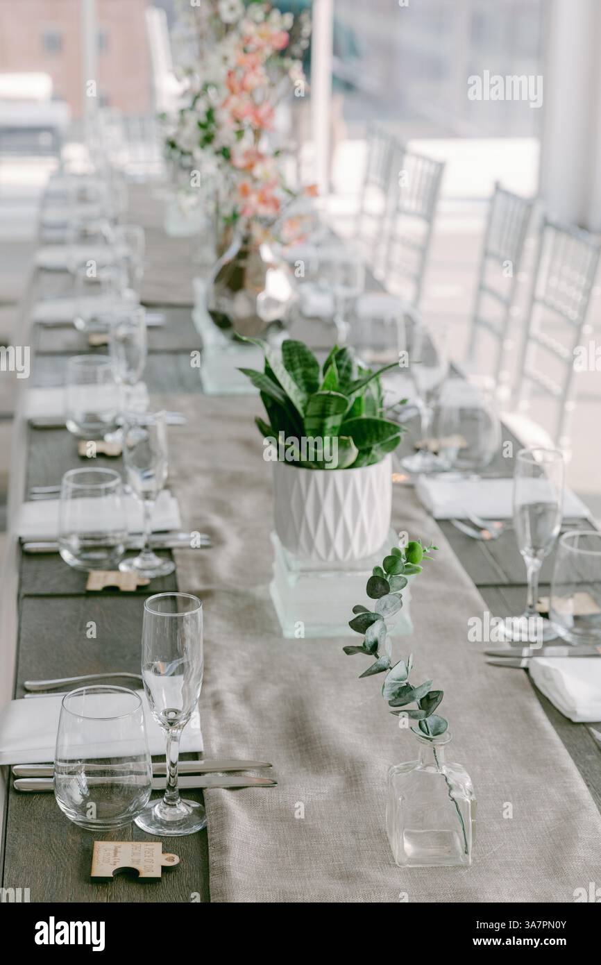 Long table beautifully arranged with glassware and greenery, ready for ...