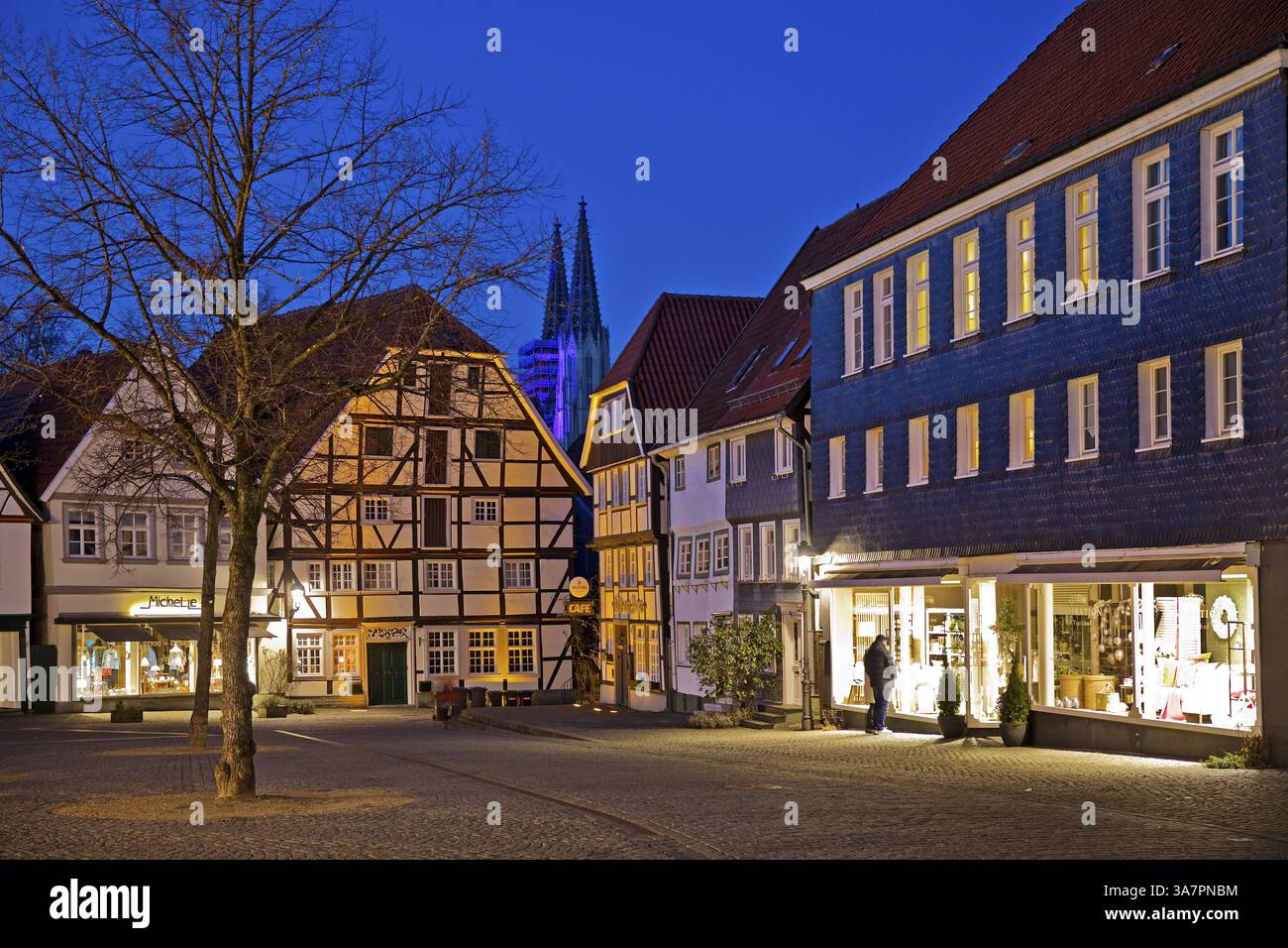Old town with half-timbered houses and the towers of St. Maria zur ...