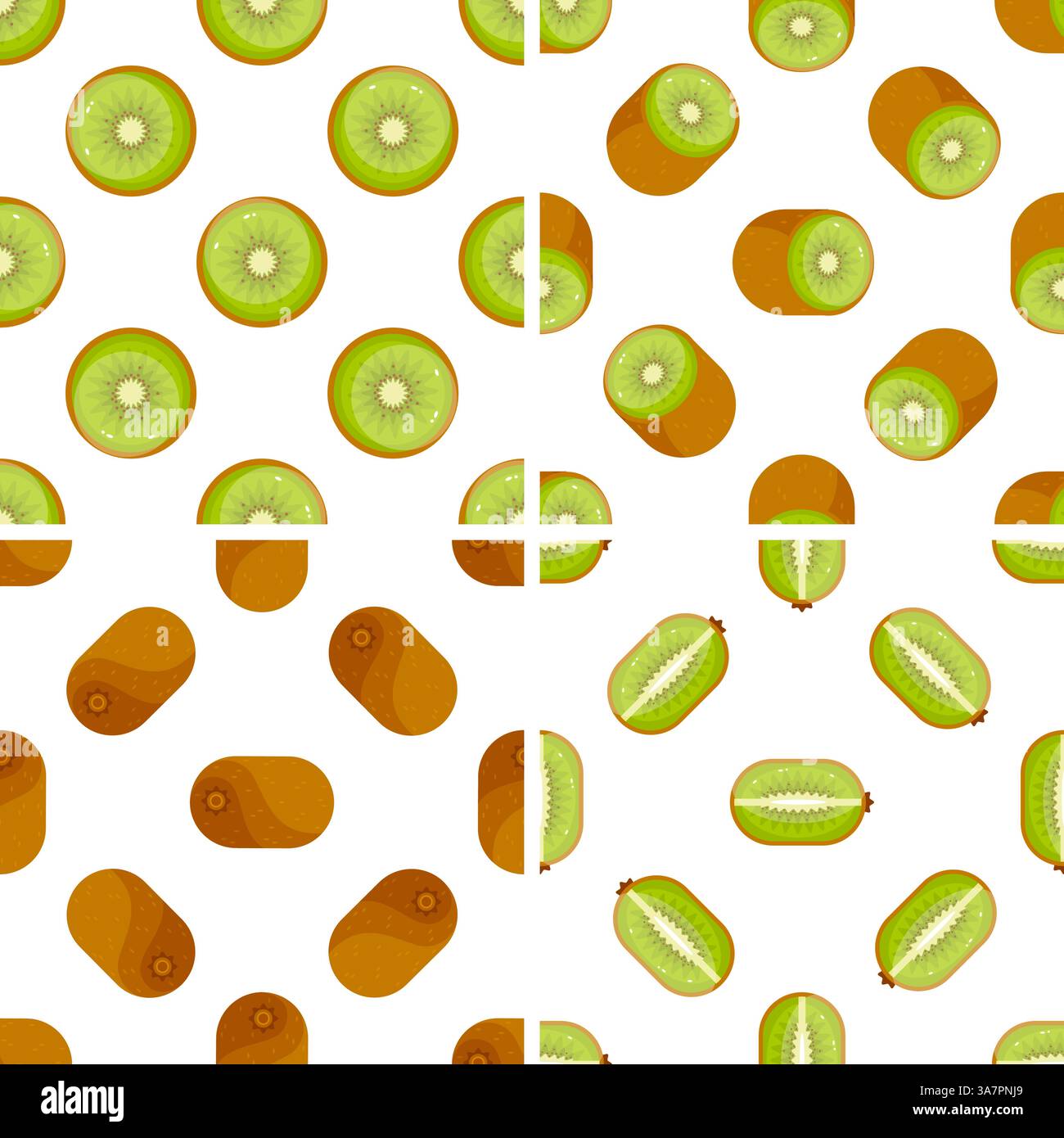 Seamless kiwi pattern showing whole, sliced and halved kiwis on white ...