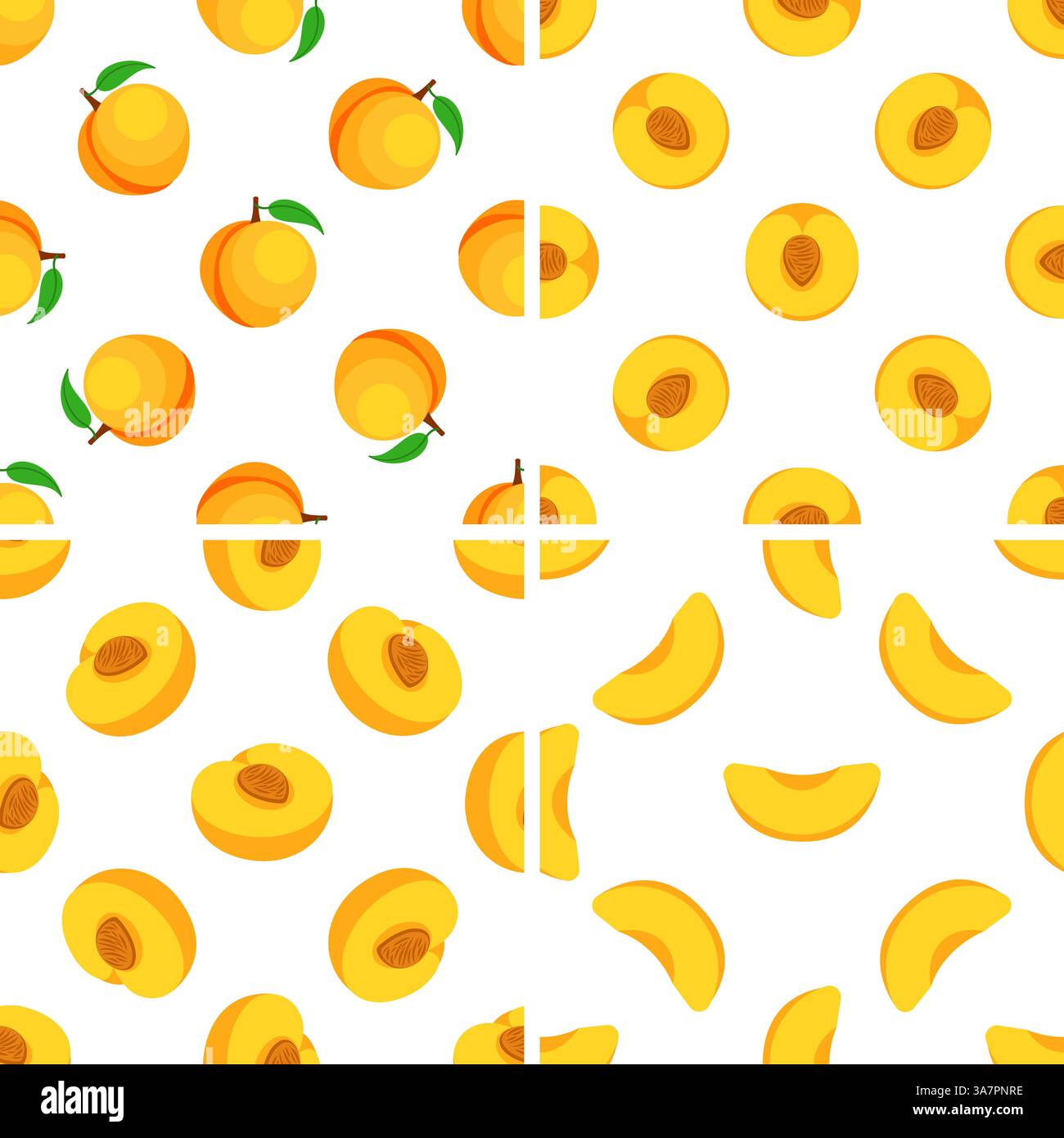 Seamless pattern with whole, halved and sliced peaches showing the pit ...