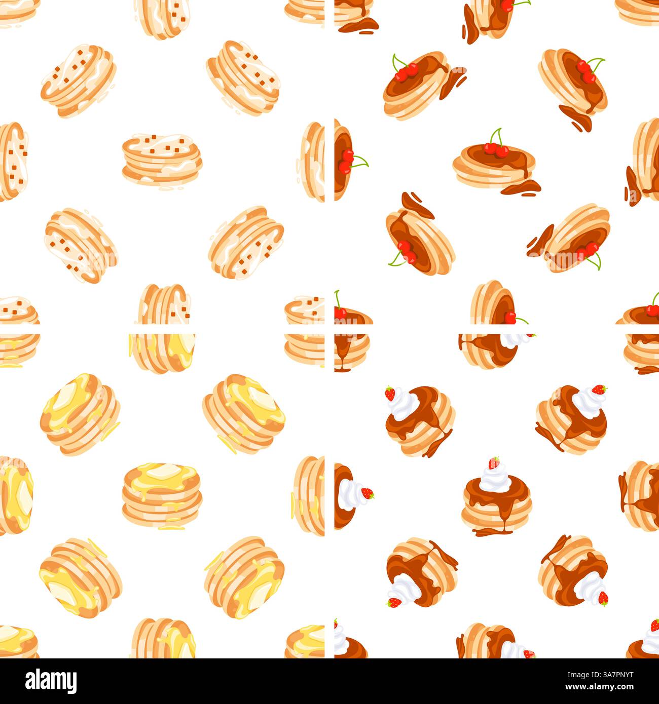 Delicious pancakes seamless pattern with different toppings repeating ...